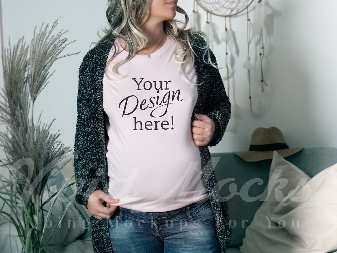 Maternity Mockup Pregnancy Model Mockup Bella Canvas 3001 Soft Pink ...