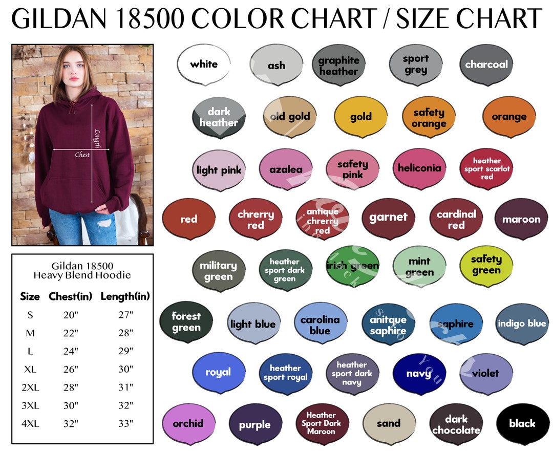 Gildan 18500 Color Chart | Gildan 18500 Color Swatch | Gildan 18500 Size Chart | Swatch Mockup ...