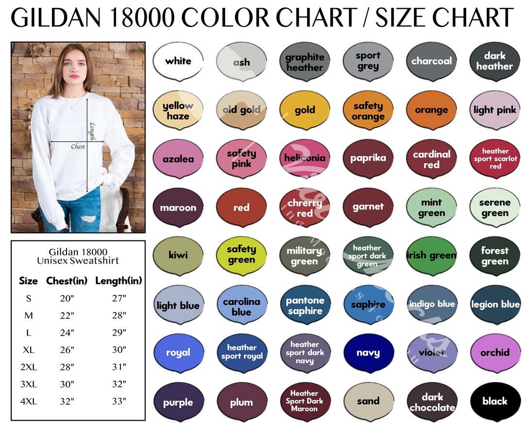 Gildan 18000 Color Chart | Gildan 18000 Color Swatch | Gildan 18000 ...