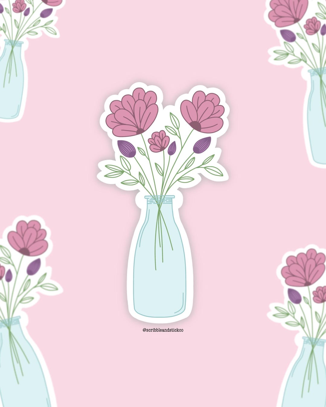 Flower Vase Vinyl Sticker Hand Drawn Flowers Flower Blossom Laptop ...