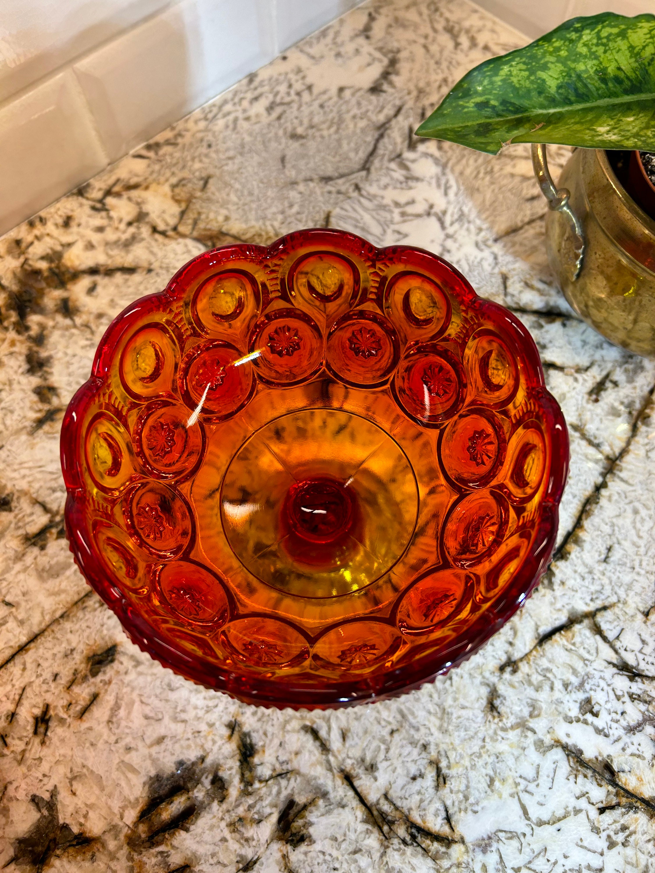 Vintage LE SMITH Glass Co Moon and Stars Amberina 9.75 Covered Compote ...