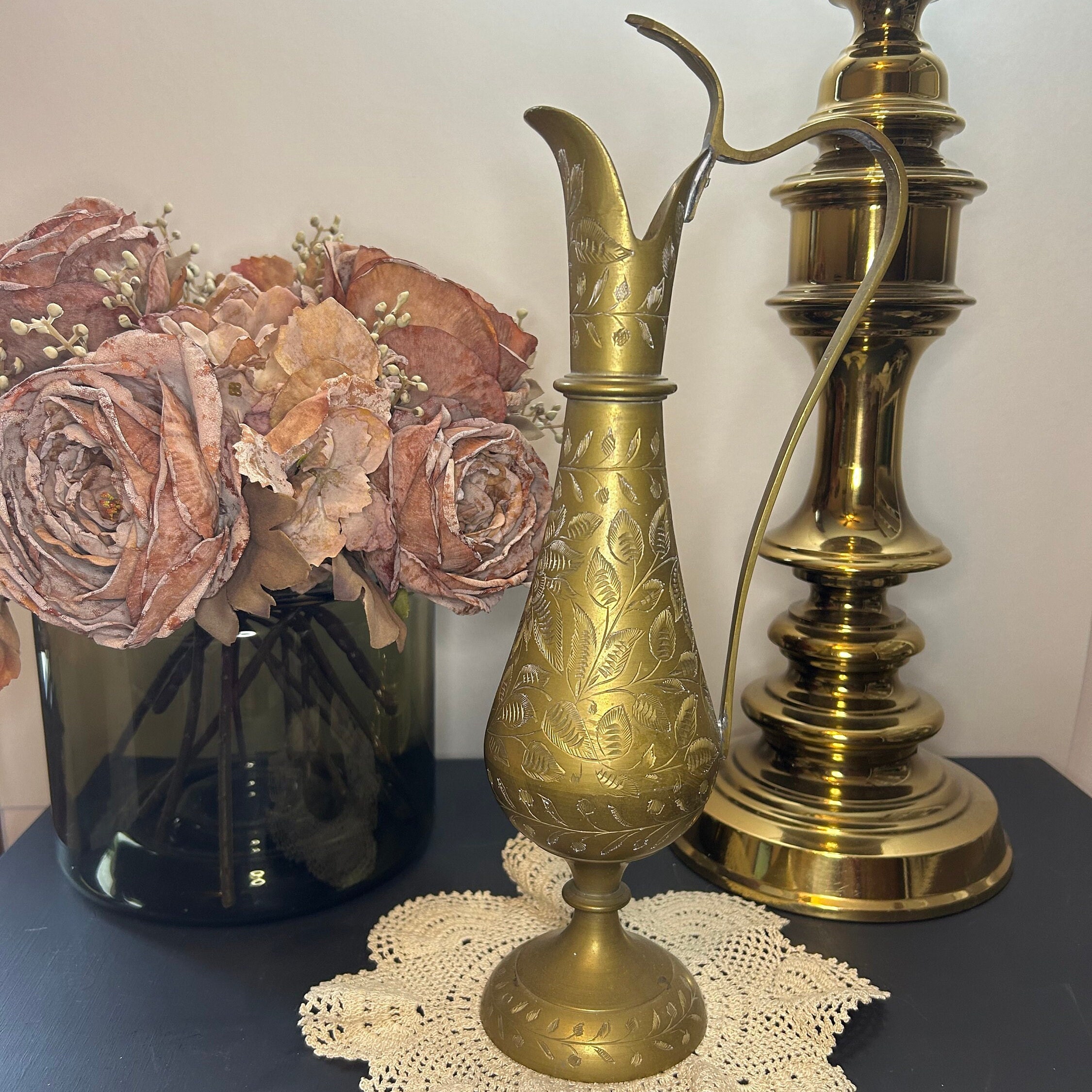 Vintage Sarna Brass Etched Water Ewer/pouring Pitcher/vase, Botanical ...