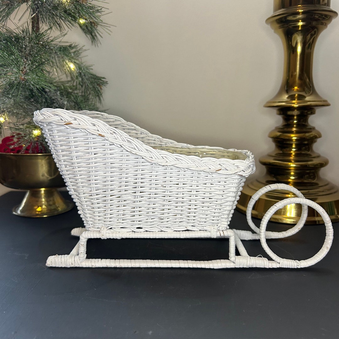 Vintage White Wicker Sleigh Planter Christmas Holiday Winter Decoration ...