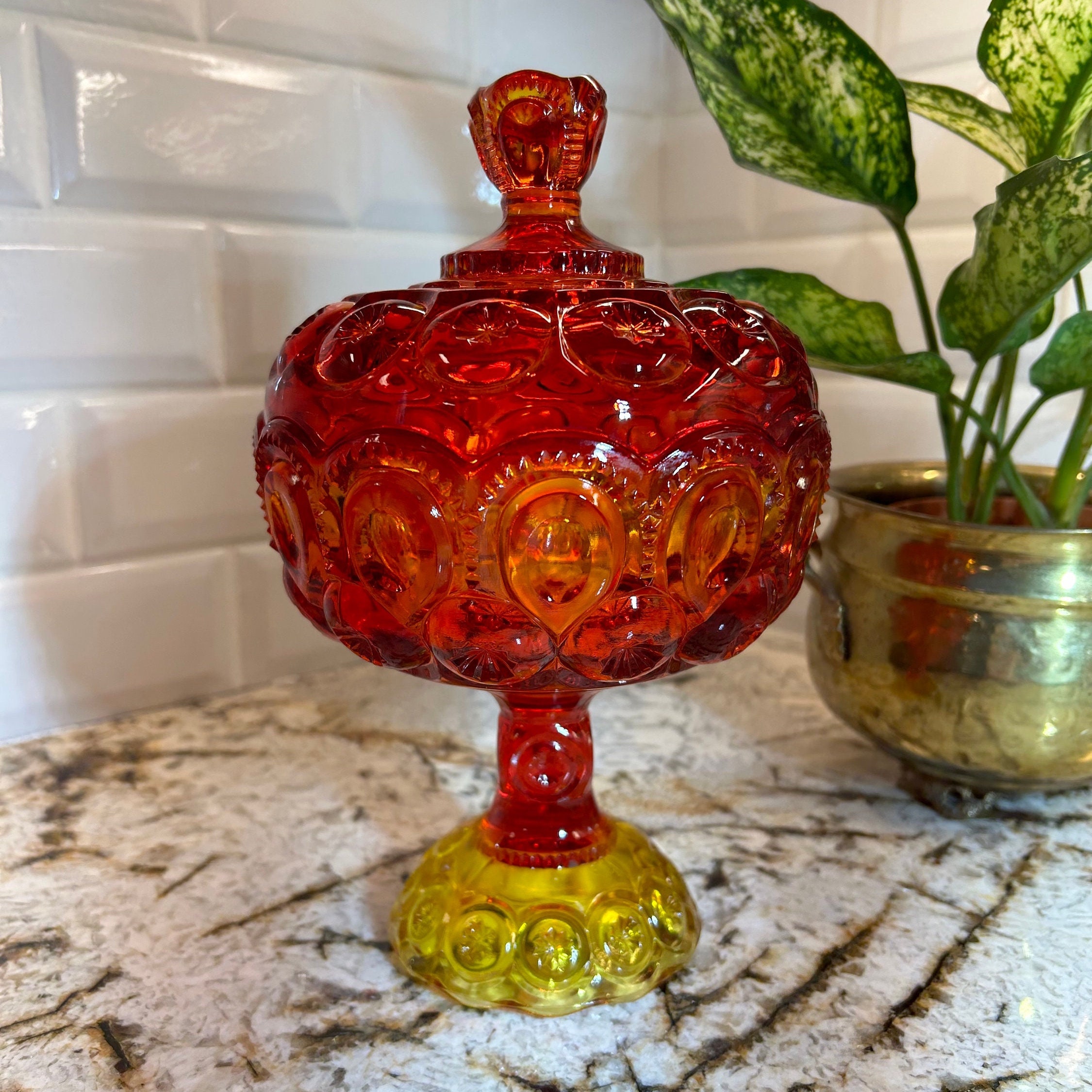 Vintage LE SMITH Glass Co Moon and Stars Amberina 9.75 Covered Compote ...
