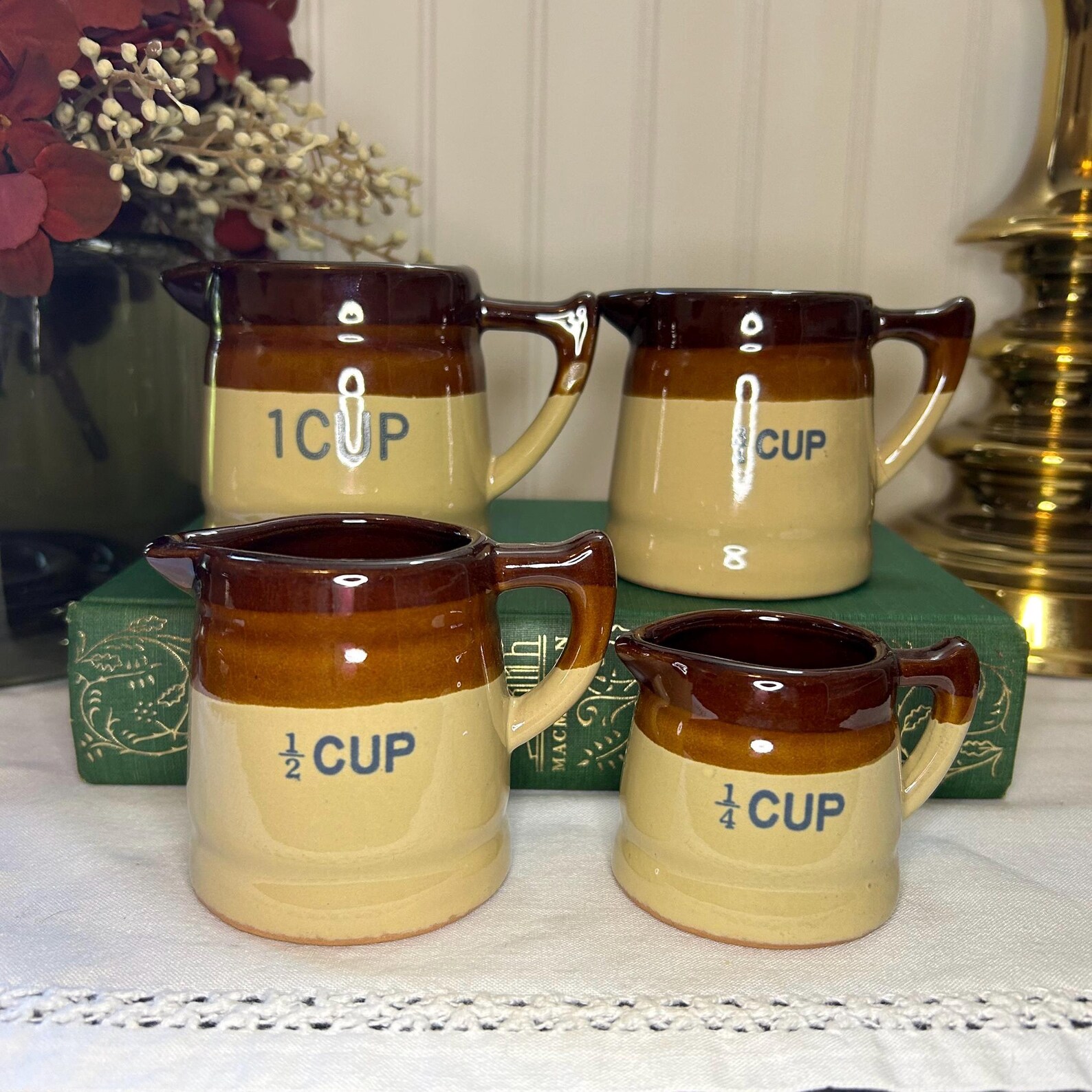 Vintage Set of 4 Brown/tan Glazed Pottery Stoneware Pitcher Measuring ...