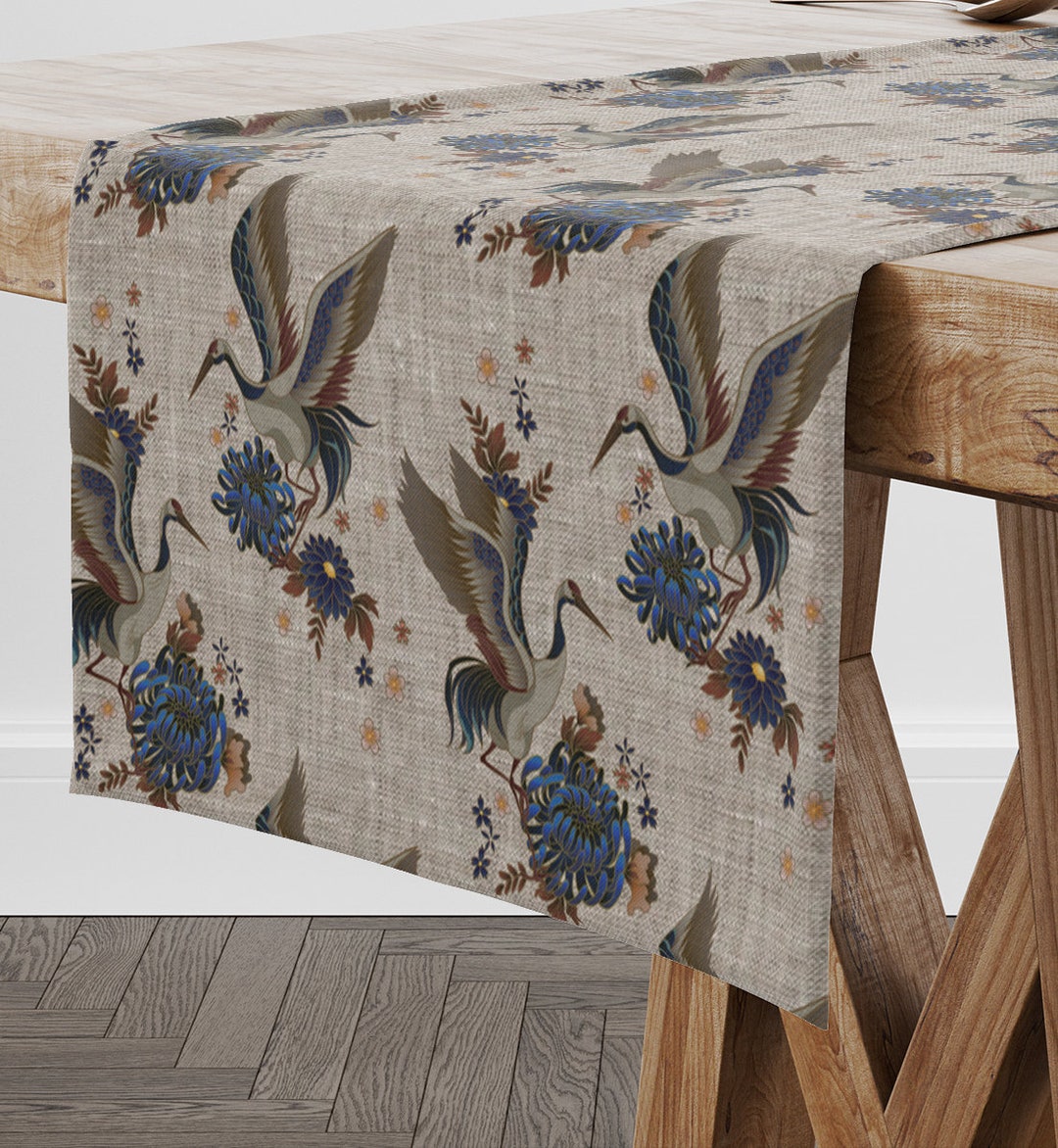 Linen Table Runner Birds Linen Table Runner Dinning Room, Beige Linen ...
