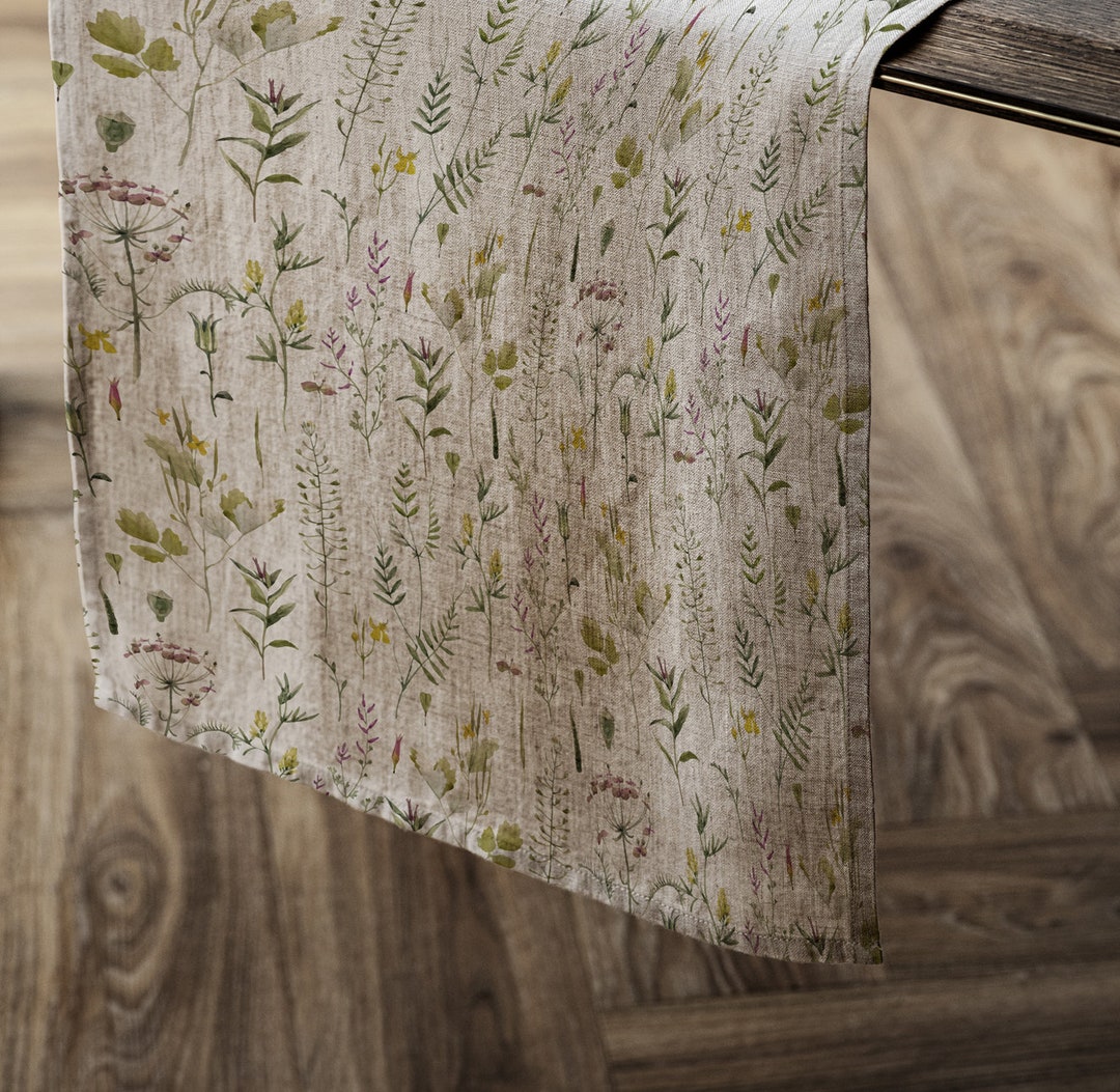Linen Table Runner Small Flowers Linen Table Runner Dinning Room, Beige ...
