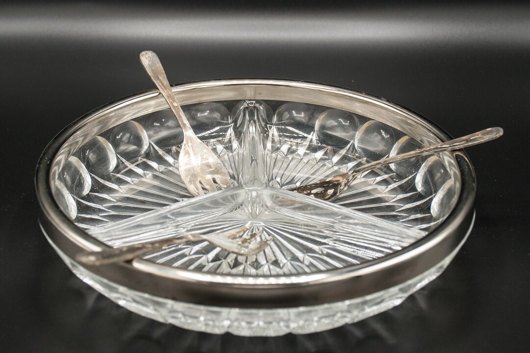 Rare 1960s Three Section Relish Tray With Three Silver Plated Serving ...