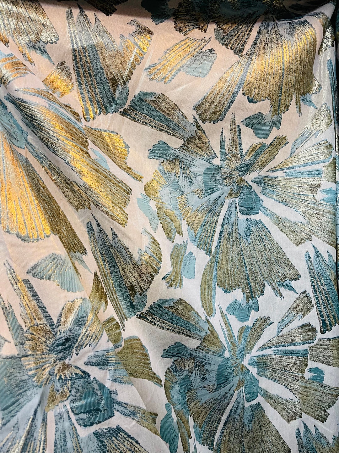 110 Inch Designer Brocade Fans Champagne With Tiffany Blue Great Fabric ...