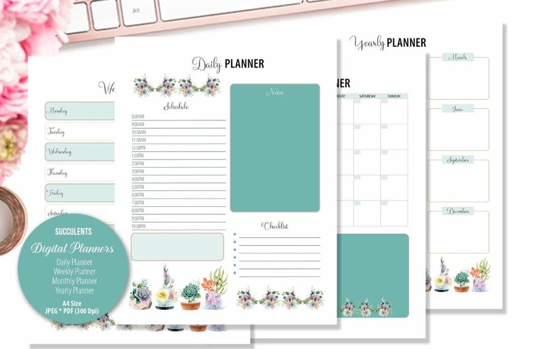Undated Succulent Planner in PDF and JPG. Daily, Monthly, Weekly and ...