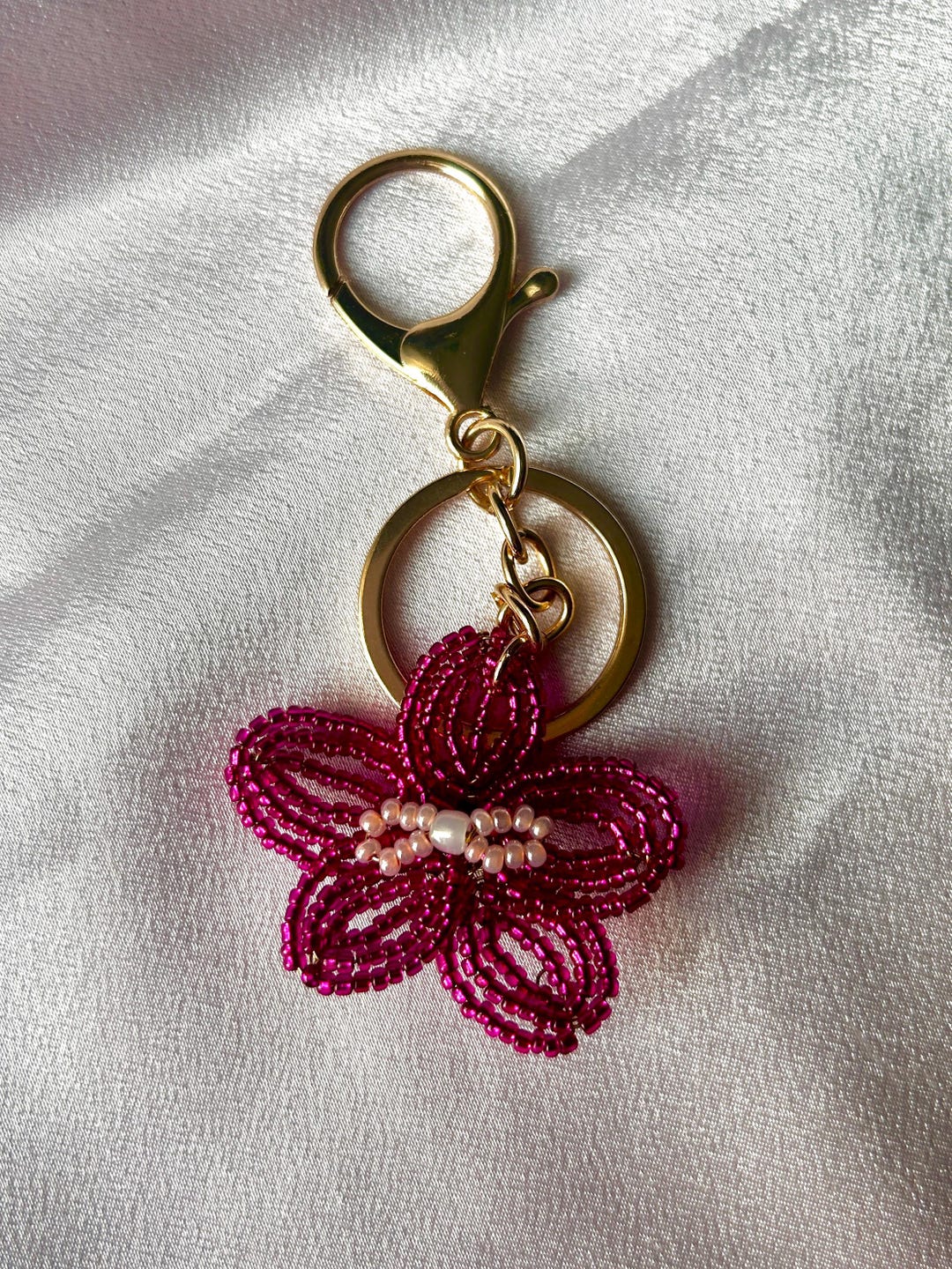 Hand Beaded Pink Orchid Flower Bag Charm | Handmade Keychain | French ...