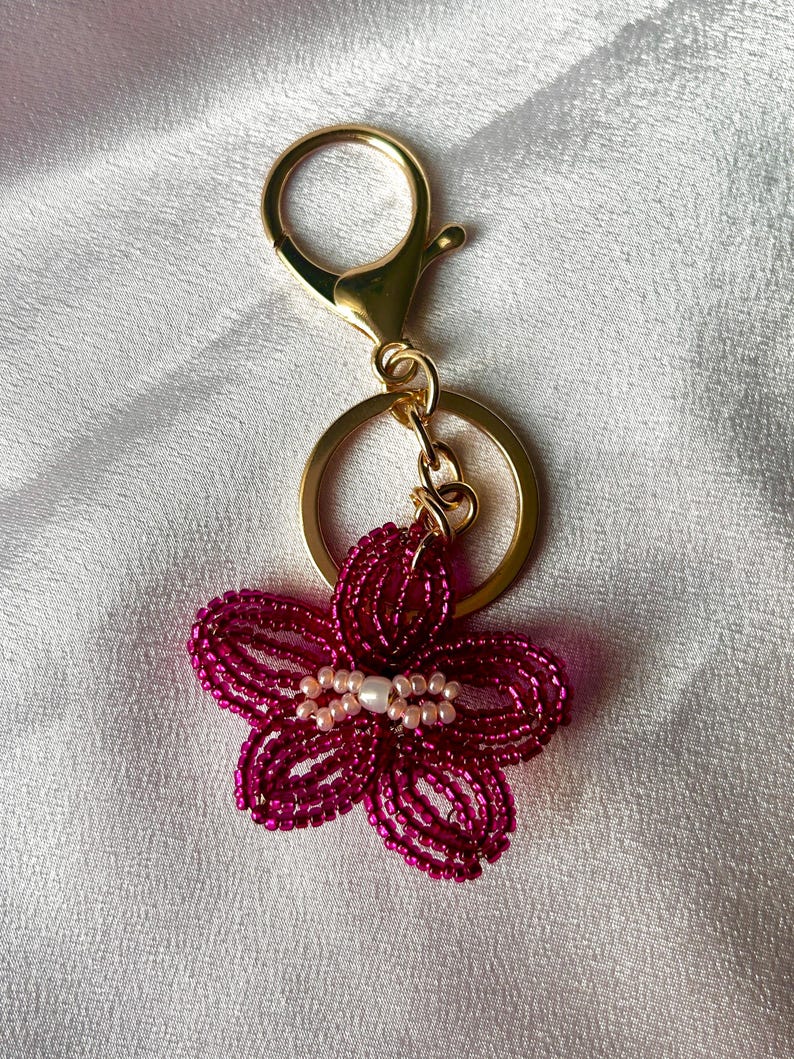 Hand Beaded Pink Orchid Flower Bag Charm | Handmade Keychain | French ...