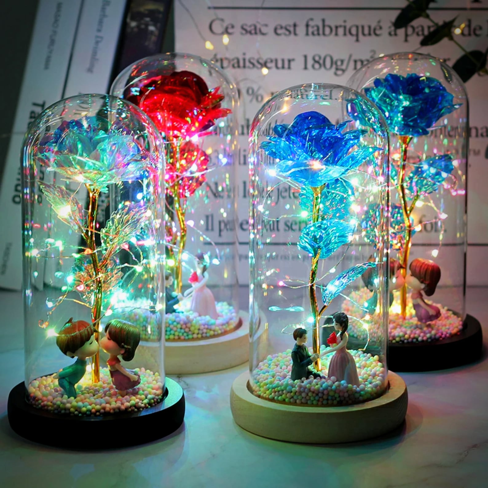 Galaxy Rose in Glass Dome With LED Lights Lamp, Beauty and the Beast ...