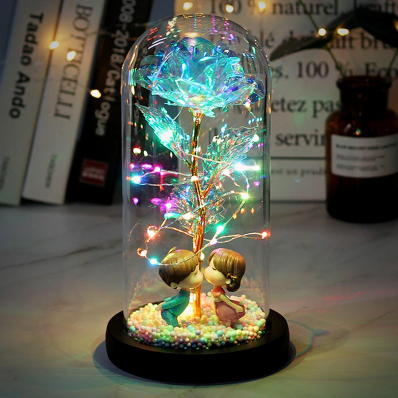 Galaxy Rose in Glass Dome With LED Lights Lamp, Beauty and the Beast ...