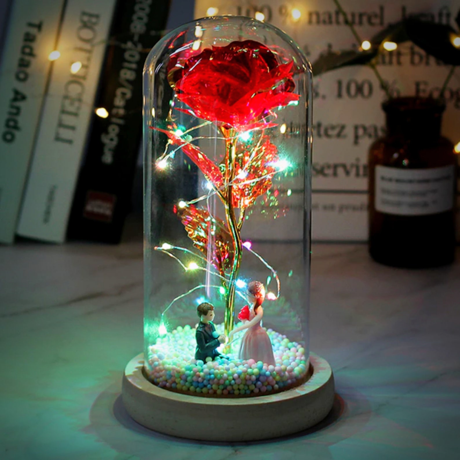 Galaxy Rose in Glass Dome With LED Lights Lamp, Beauty and the Beast ...