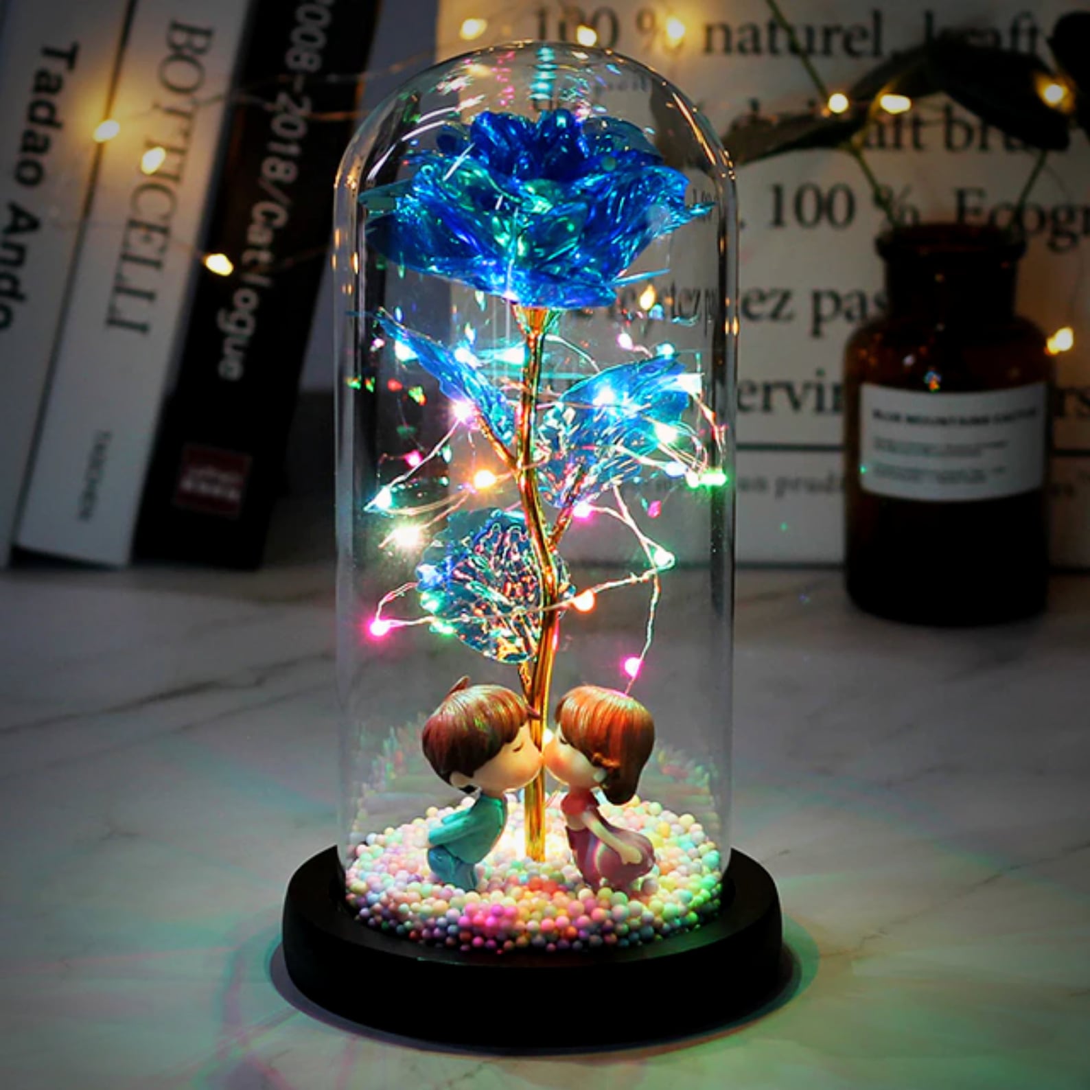 Galaxy Rose in Glass Dome With LED Lights Lamp, Beauty and the Beast ...