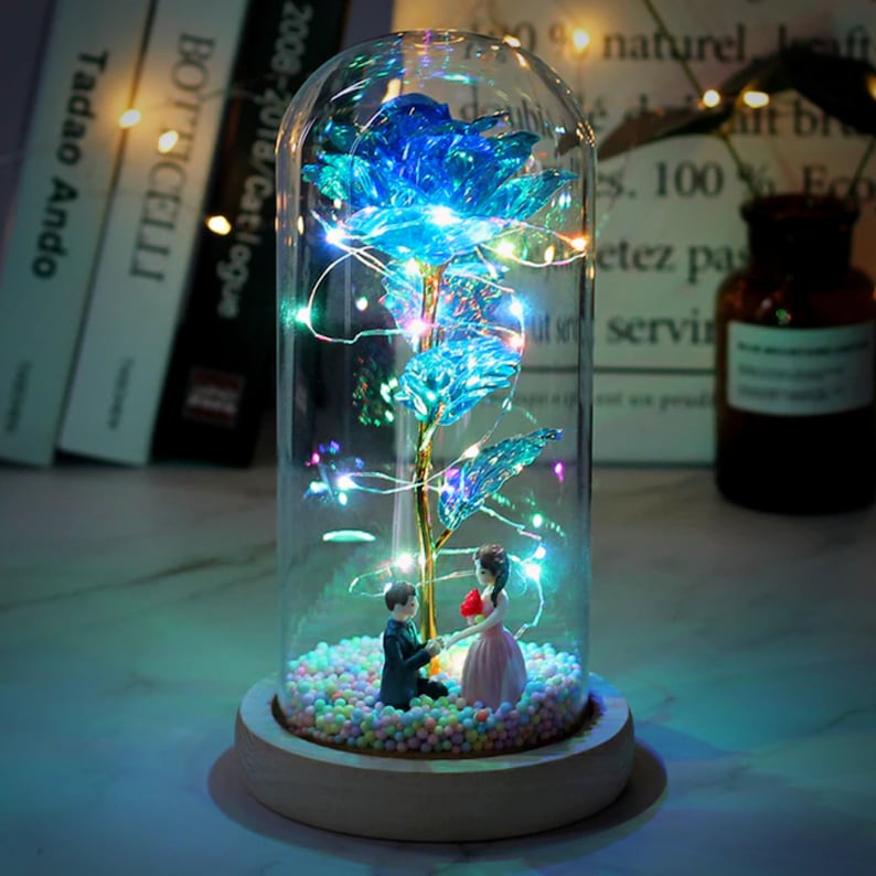 Galaxy Rose in Glass Dome With LED Lights Lamp, Beauty and the Beast ...
