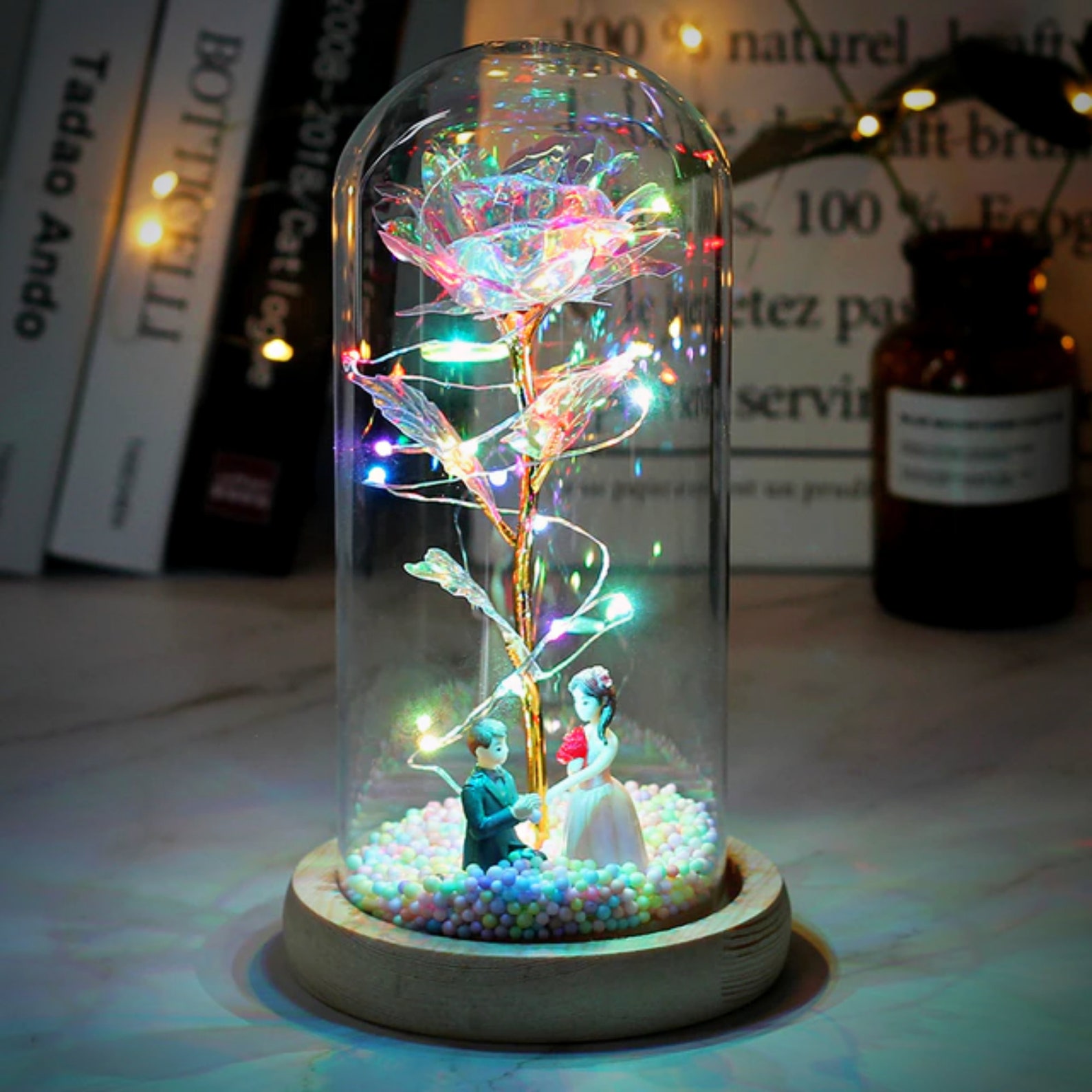 Galaxy Rose in Glass Dome With LED Lights Lamp, Beauty and the Beast ...