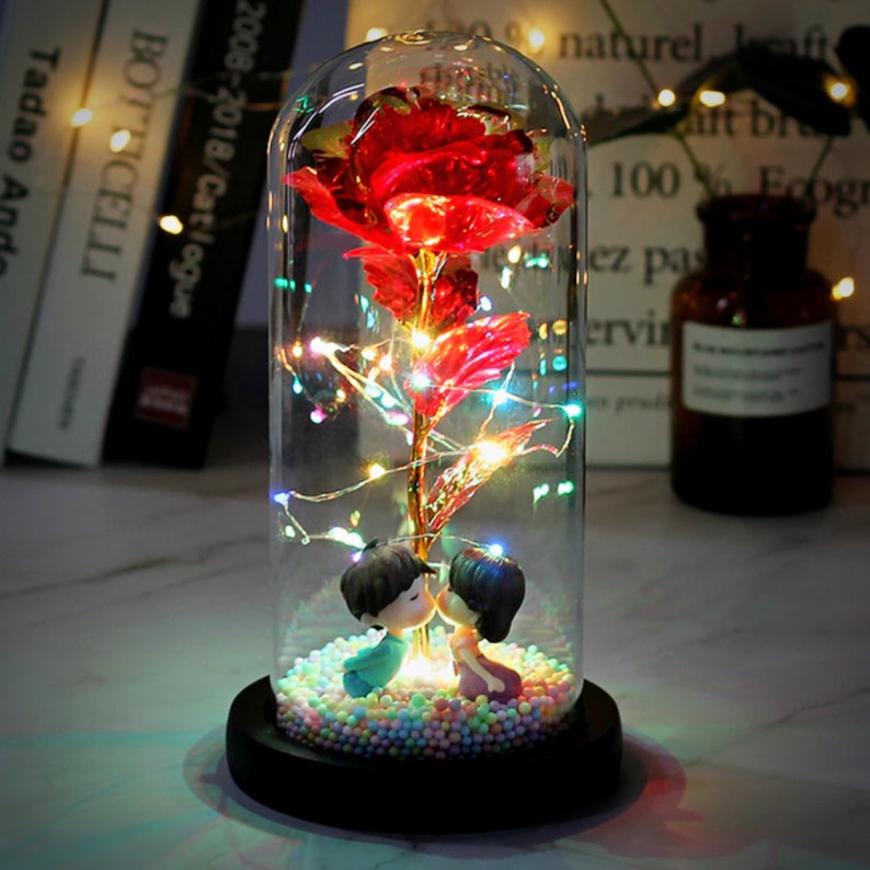 Galaxy Rose in Glass Dome With LED Lights Lamp, Beauty and the Beast ...