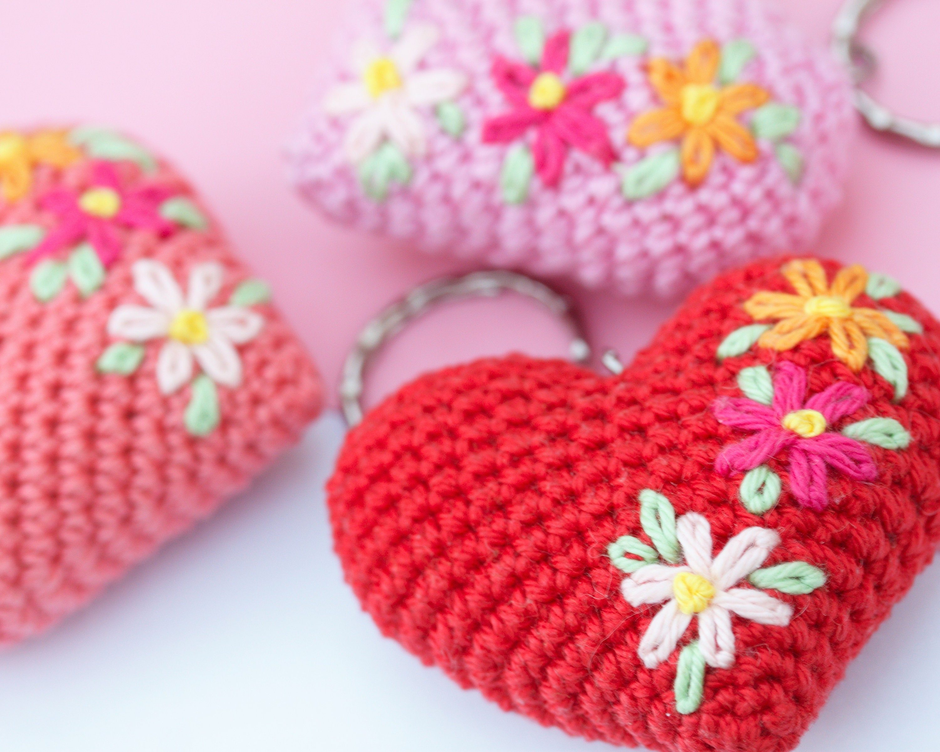 Heart Keyring Handmade Crochet Love Heart Keychains With Embroidered ...