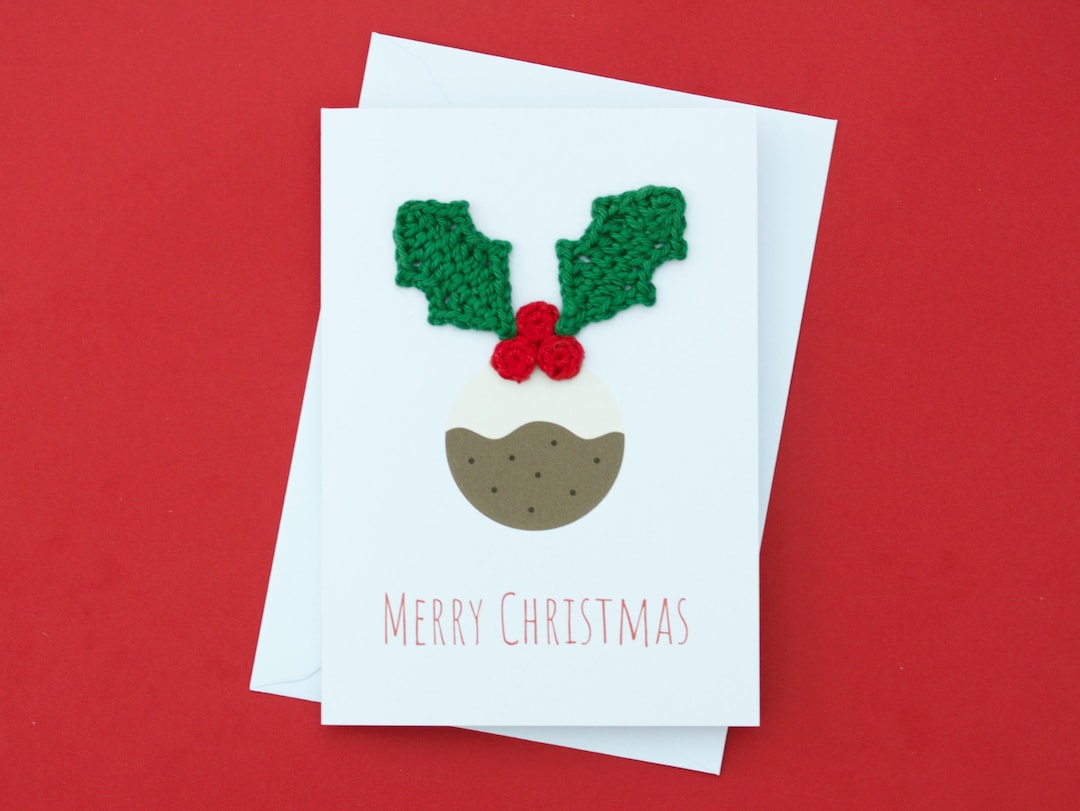 Christmas Pudding Card With Handmade Crochet Holly A6 Sized Christmas ...
