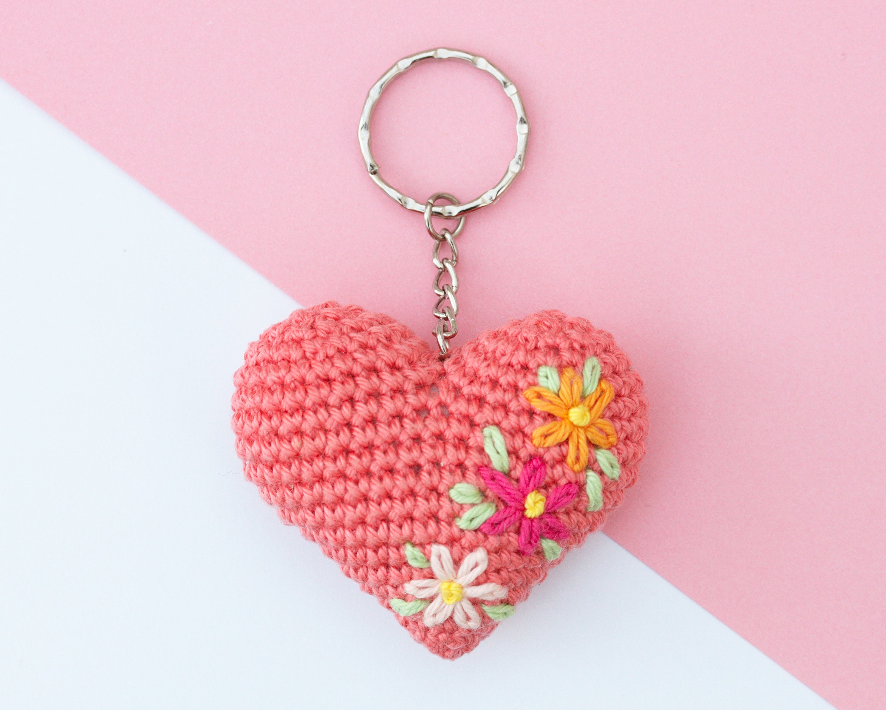 Heart Keyring Handmade Crochet Love Heart Keychains With Embroidered ...