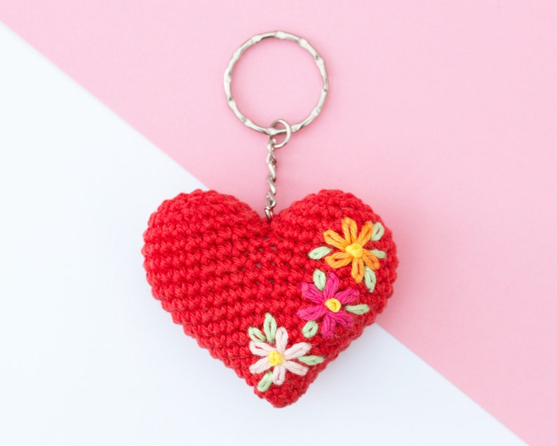 Heart Keyring Handmade Crochet Love Heart Keychains With Embroidered ...