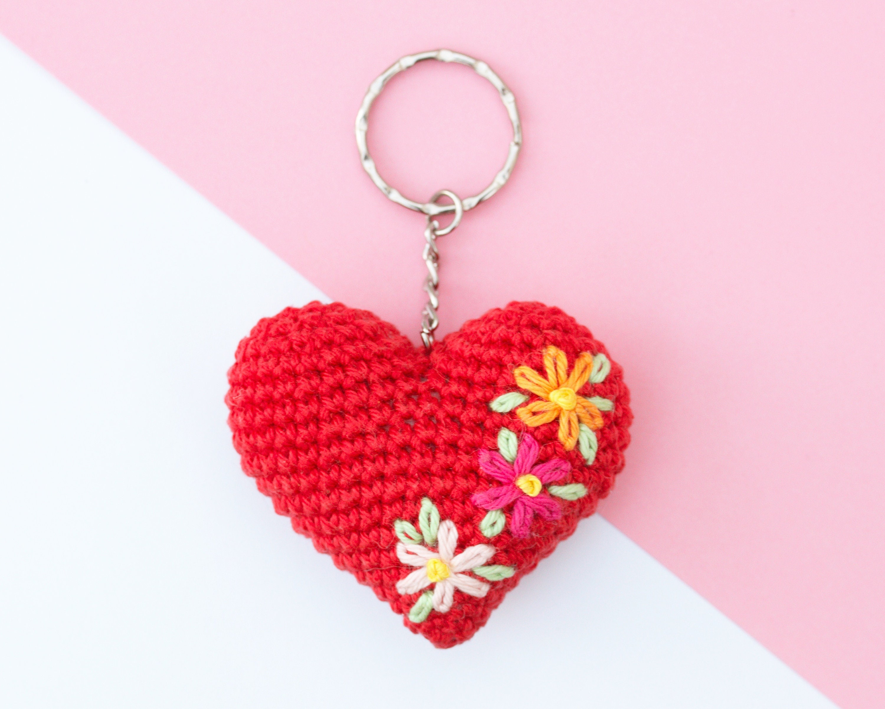 Heart Keyring Handmade Crochet Love Heart Keychains With Embroidered ...