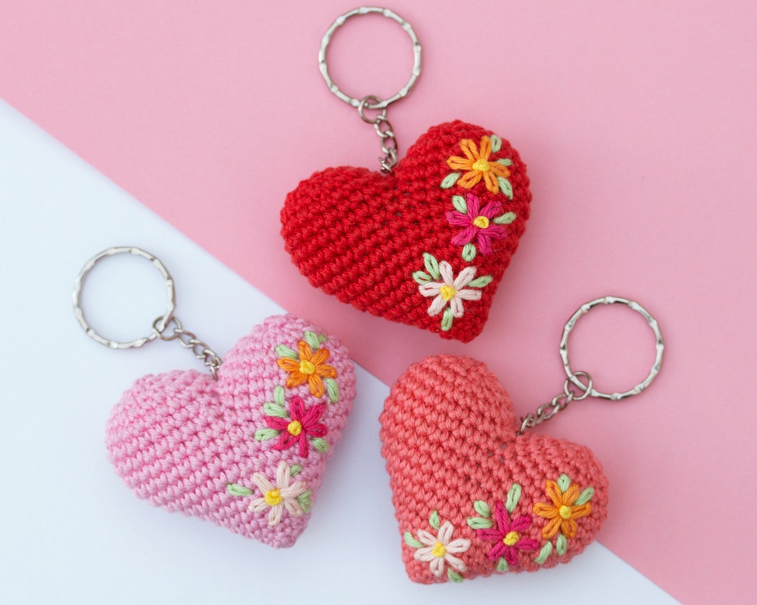 Heart Keyring Handmade Crochet Love Heart Keychains With Embroidered ...