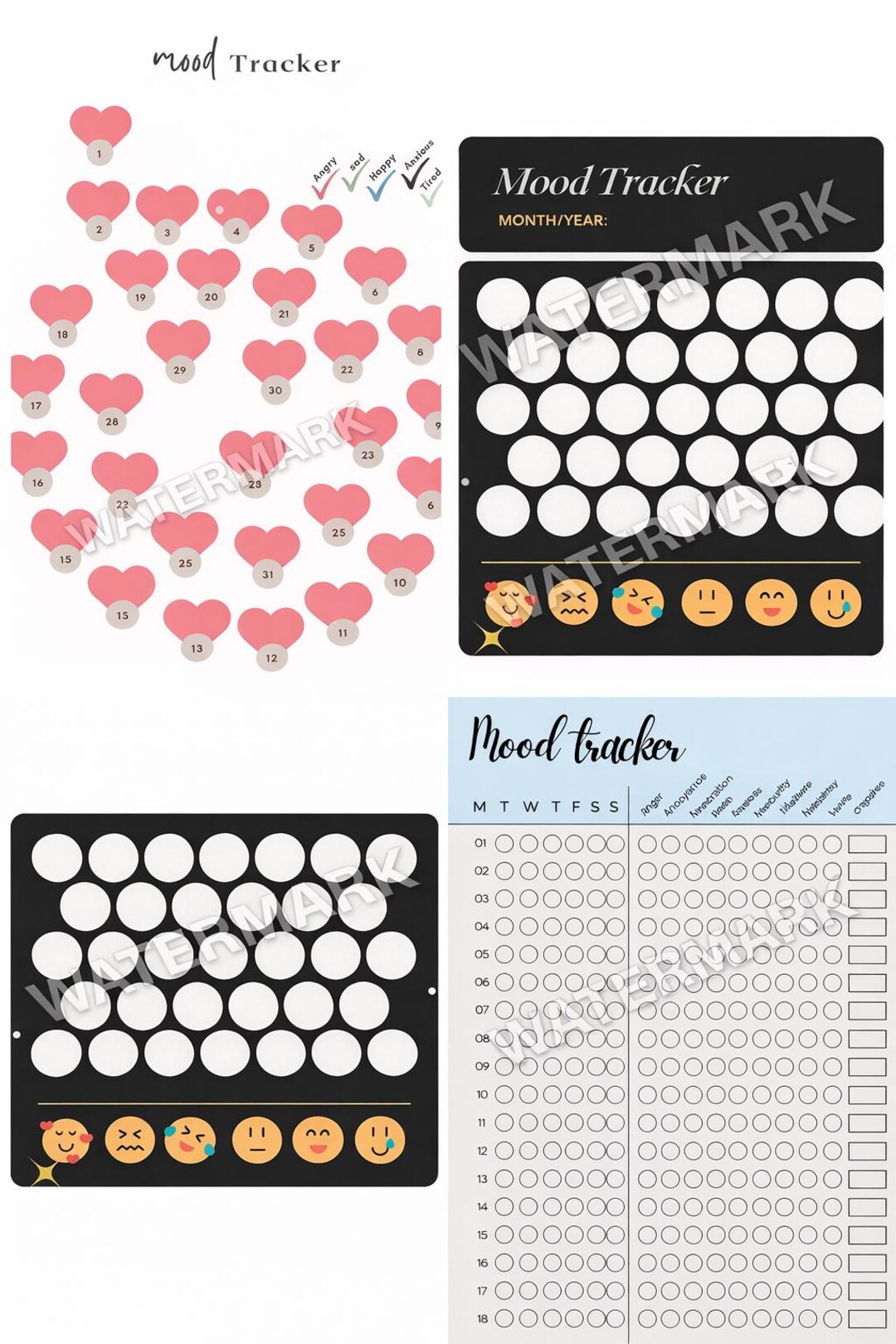Mood Tracker Printable Bundle (5 Pages) | Daily Weekly Monthly Yearly ...