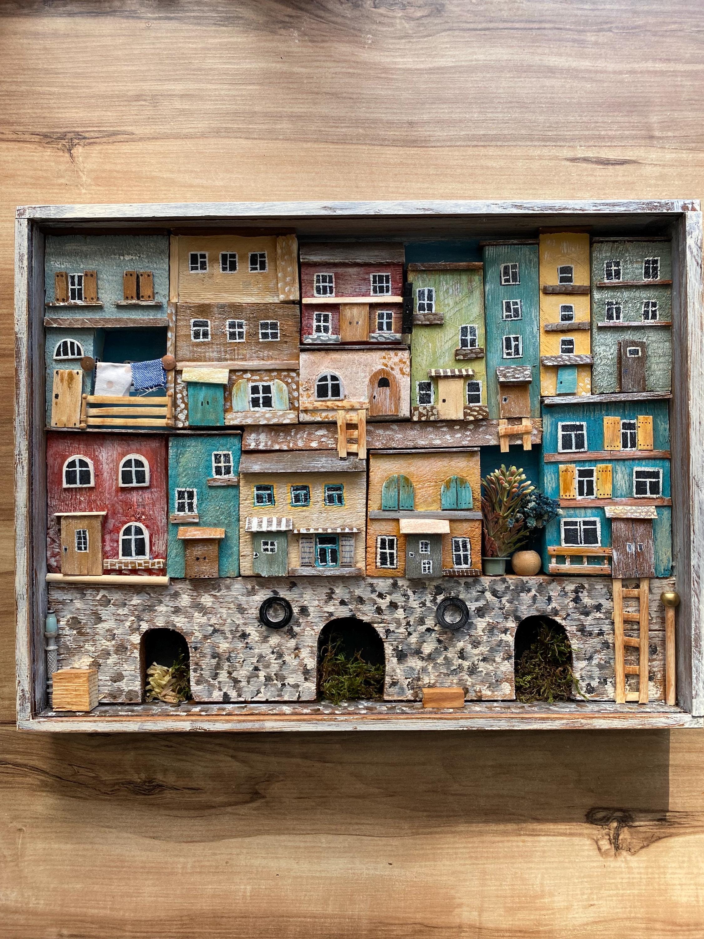 Hand Painted Wooden Miniature Town Wall Decor - Etsy