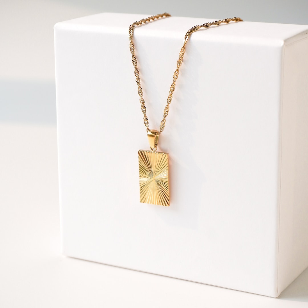 18K Gold Sunbeam Rectangle Pendant Necklace - Gold Boho Necklace ...