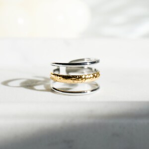 18K Gold Two Tone Ring - Mixed Metal Ring, Three-layer Ring, Hammered ...