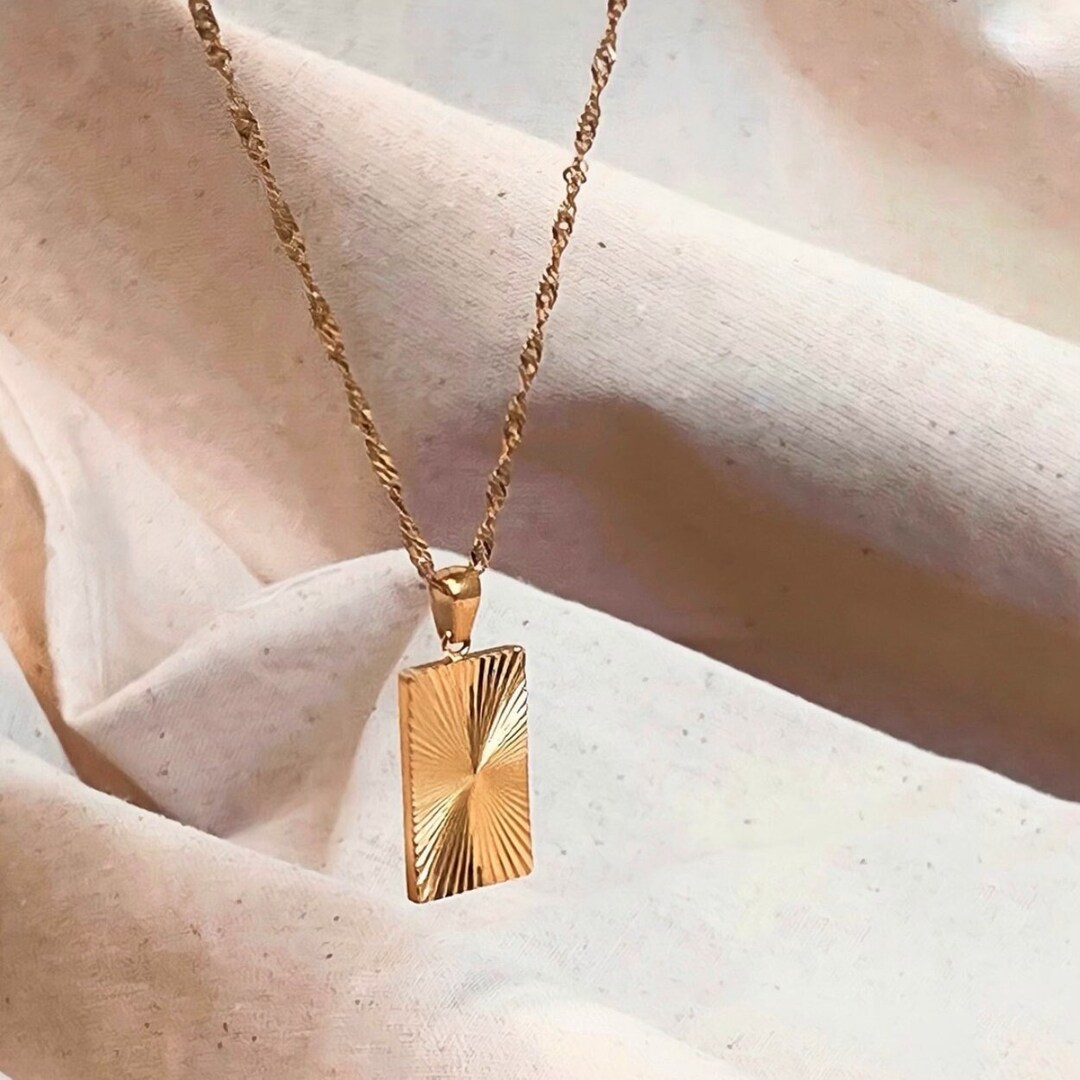 18K Gold Sunbeam Rectangle Pendant Necklace Gold Boho Necklace, Rectangle Pendant, Waterproof ...
