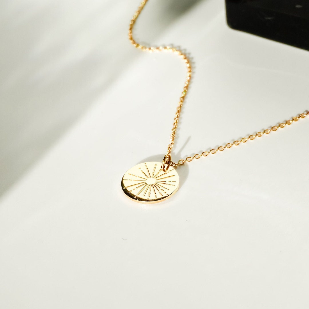 Dainty Sunbeam Pendant Necklace in 14K Gold - Minimalist Sunshine Round ...