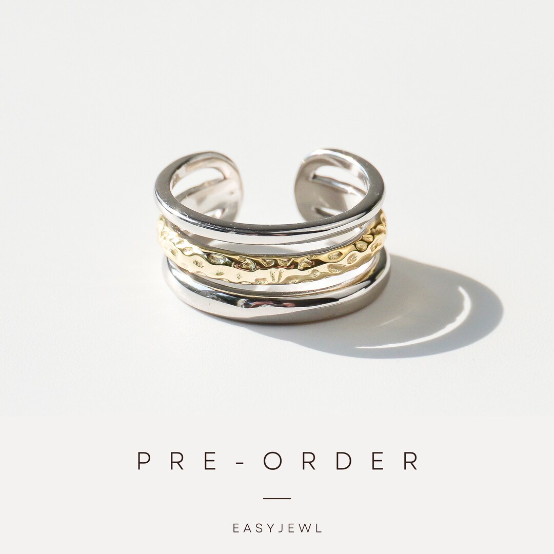 14k Gold Two Tone Ring FOLTO Collection Mixed Metal Hammered Ring, 1 Micron Gold, Adjustable ...