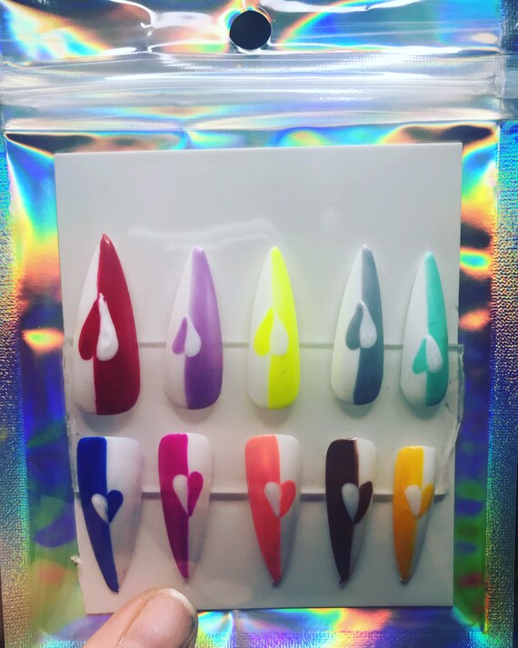 Color Block Heart Stiletto Nails - Etsy