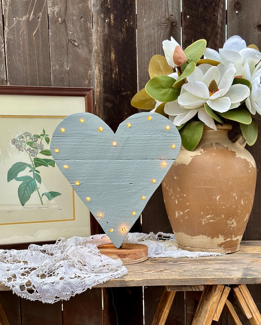 Farmhouse Rustic Lighted Hearts, Wooden Heart Decor, Wood Decorations ...