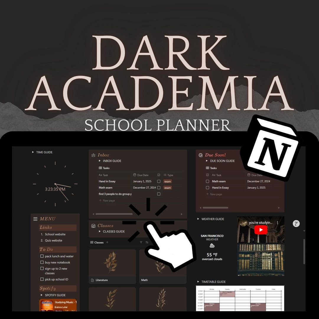 Dark Academia Student Planner Notion Template Student Notion Planner ...