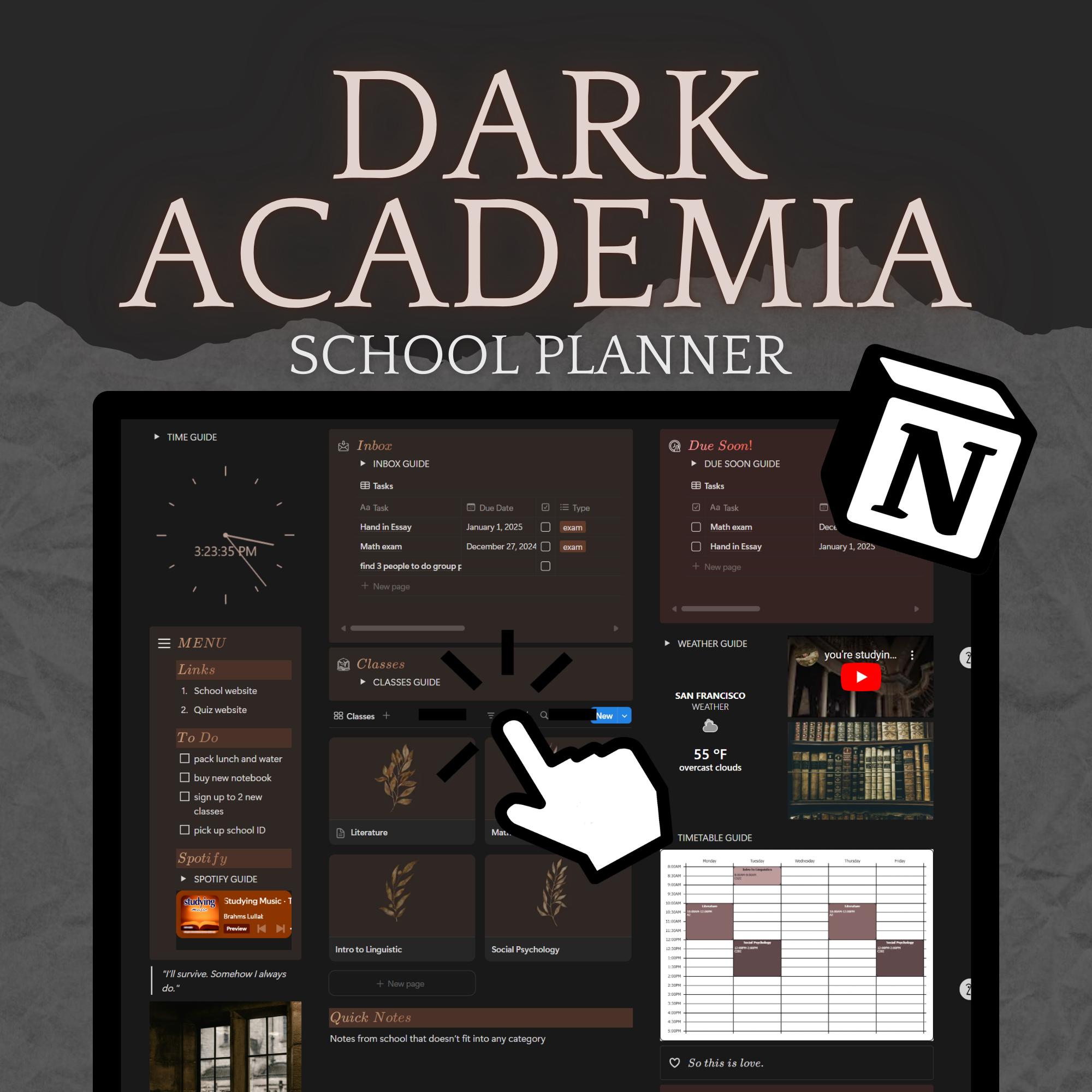 Dark Academia Student Planner Notion Template: Academic Dashboard ...