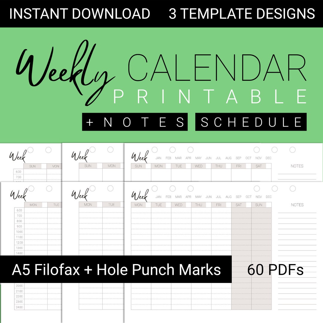 A5 Filofax Weekly Calendar + Hole Punch Marks | Weekly Schedule ...