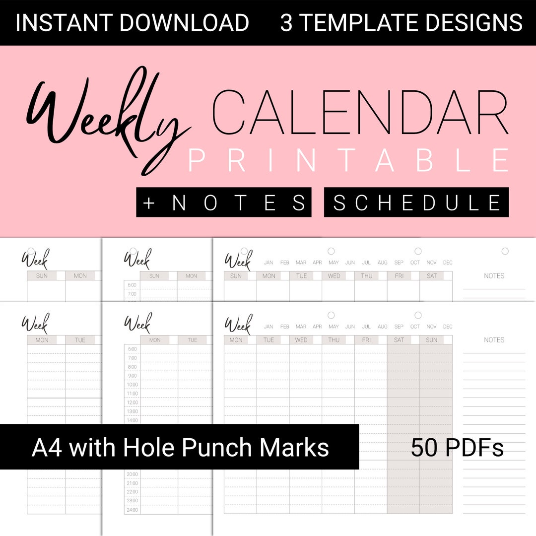 A4 Weekly Calendar + Hole Punch Marks | Weekly Schedule | Weekly ...