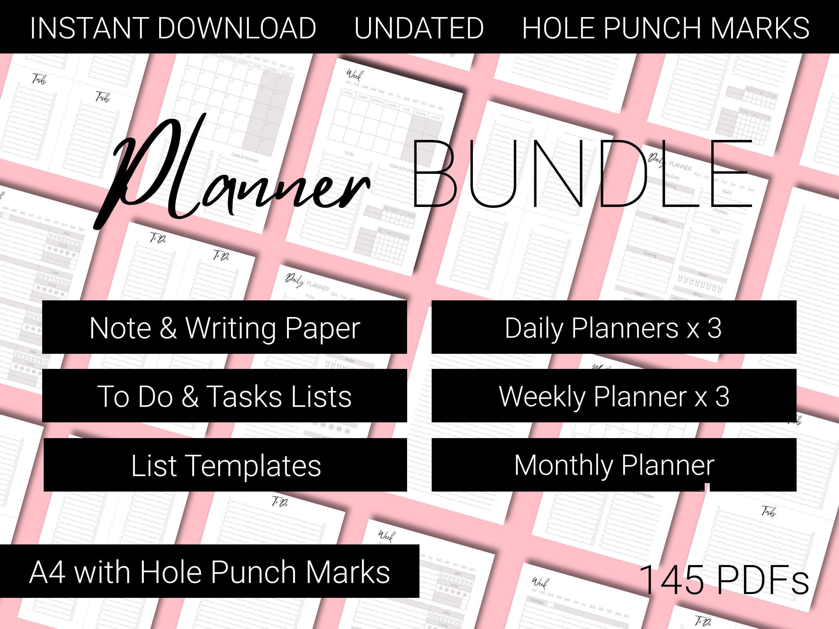 A4 Planner Bundle + Hole Punch Marks | Undated | Printable Calendar ...