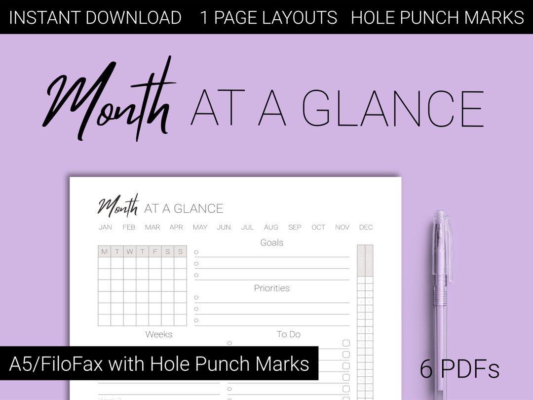 A5 Month at a Glance Hole Punch Marks Printable Calendar - Etsy