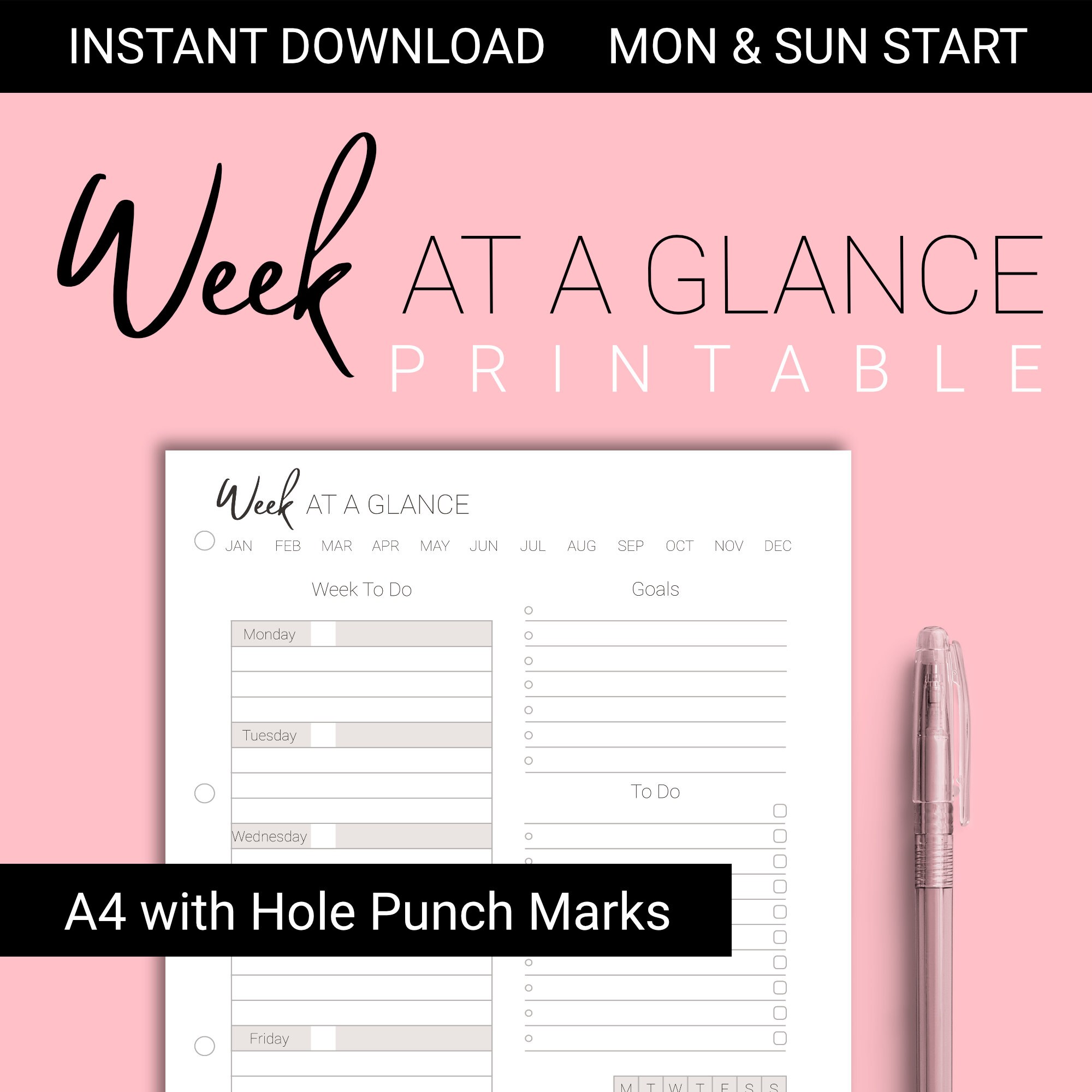 A4 Week at a Glance + Hole Punch Marks | Goal Setting | to Do List ...