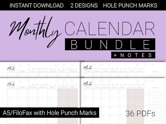 A5 Monthly Calendar Bundle Hole Punch Marks Printable - Etsy