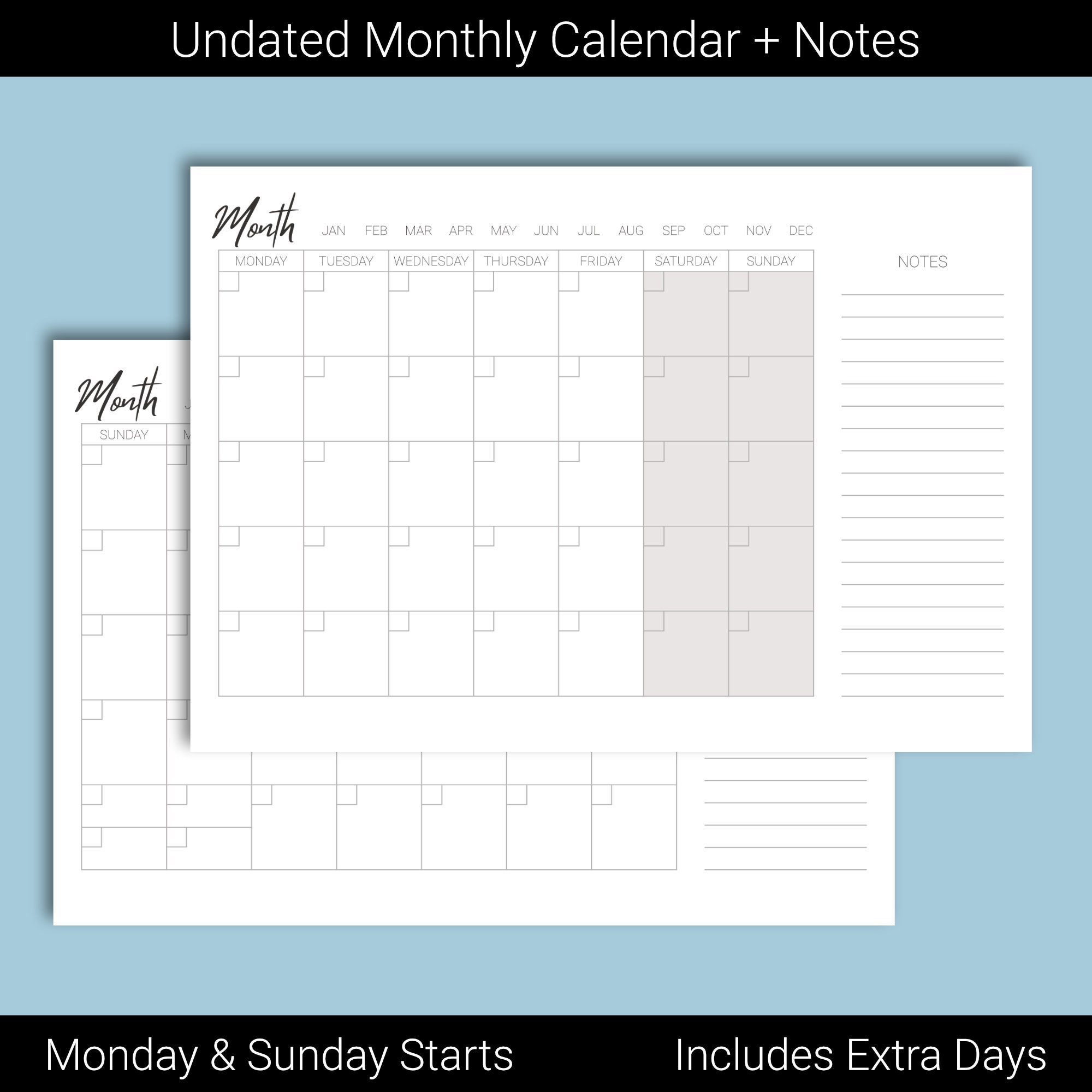 Monthly Calendar Bundle | Printable Calendar | Undated | Monday ...