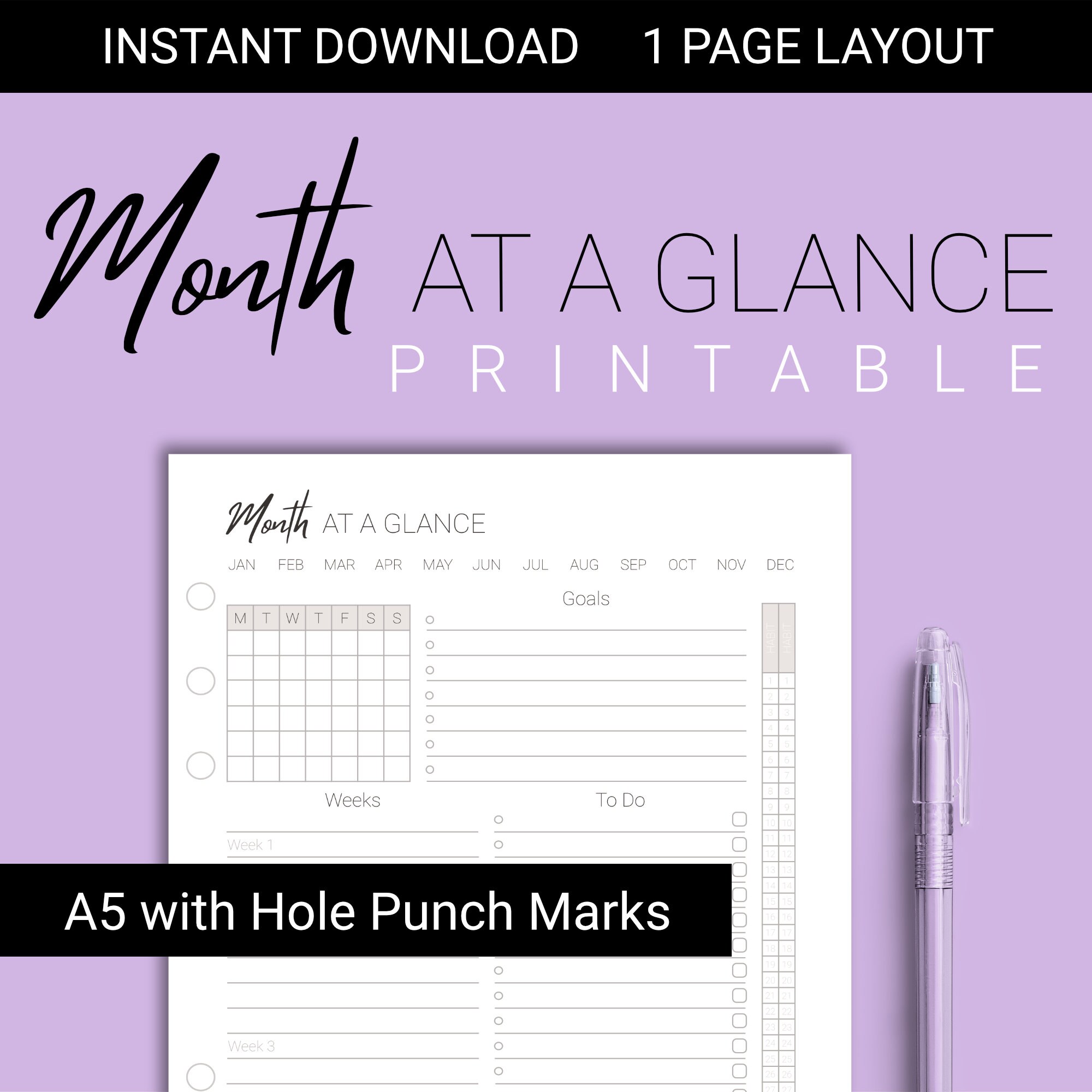 A5 Month at a Glance + Hole Punch Marks | Printable Calendar | Goal ...
