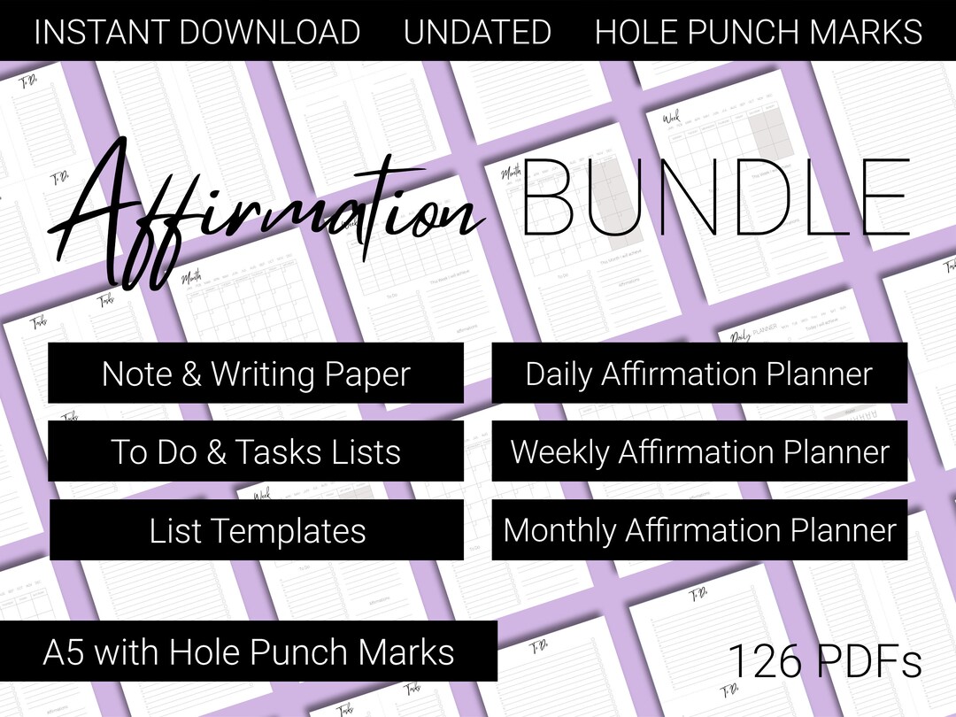 A5 Affirmation Planner Bundle + Hole Punch Marks | Daily | Weekly ...