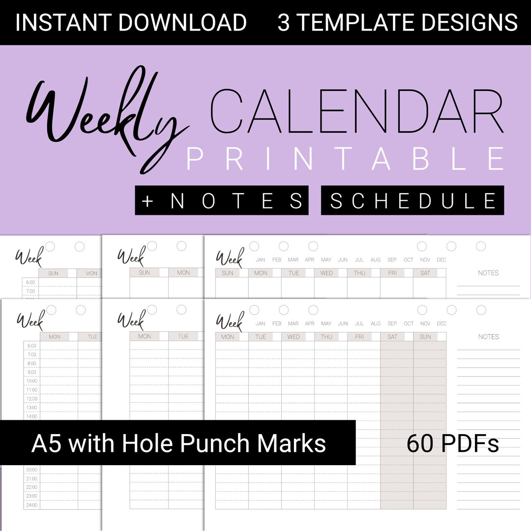 A5 Weekly Calendar + Hole Punch Marks | Weekly Schedule | Weekly ...